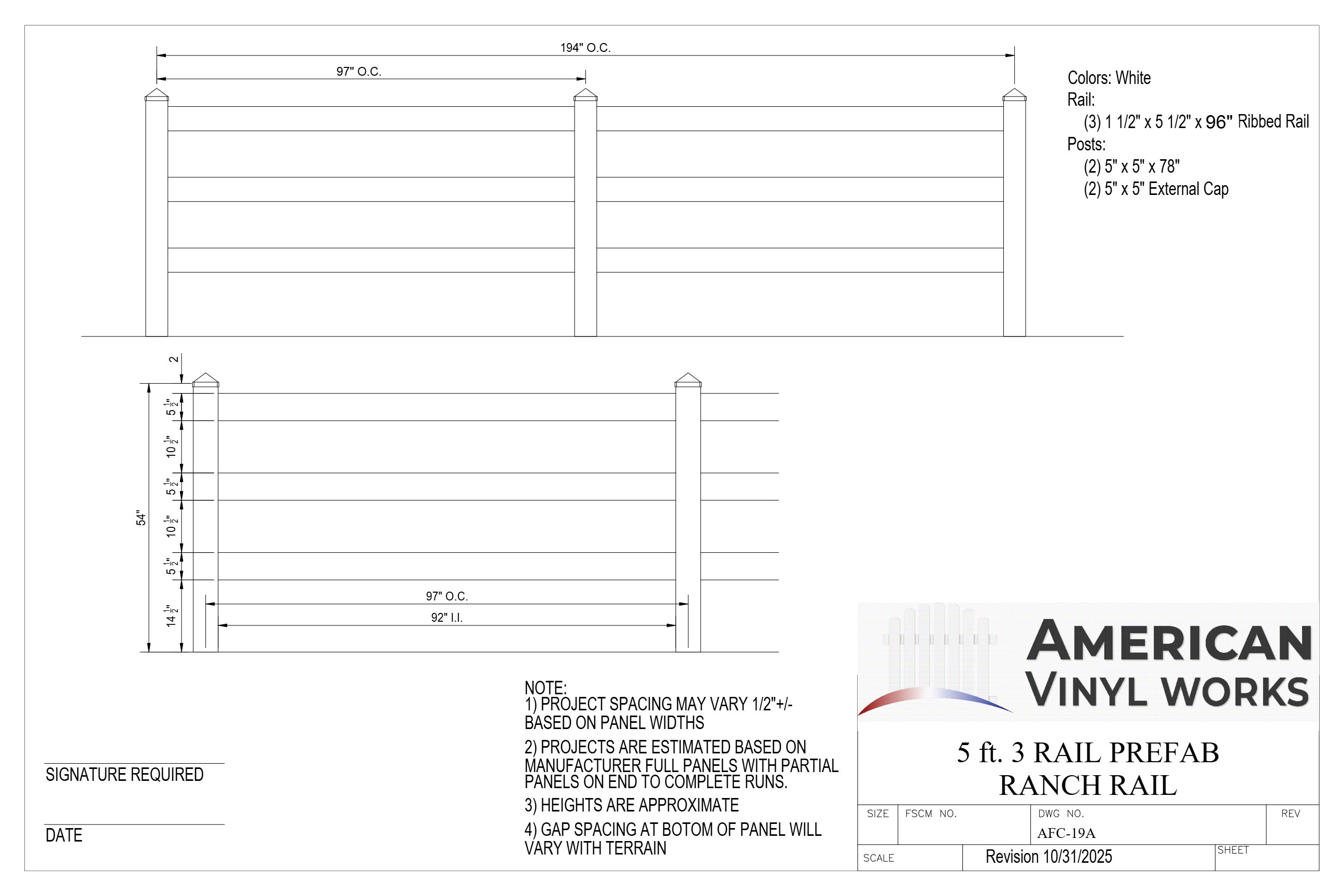 5' Tall x 8' Wide 3-Rail Ranch Rail Fence Panel For Vinyl Fences (AFC ...